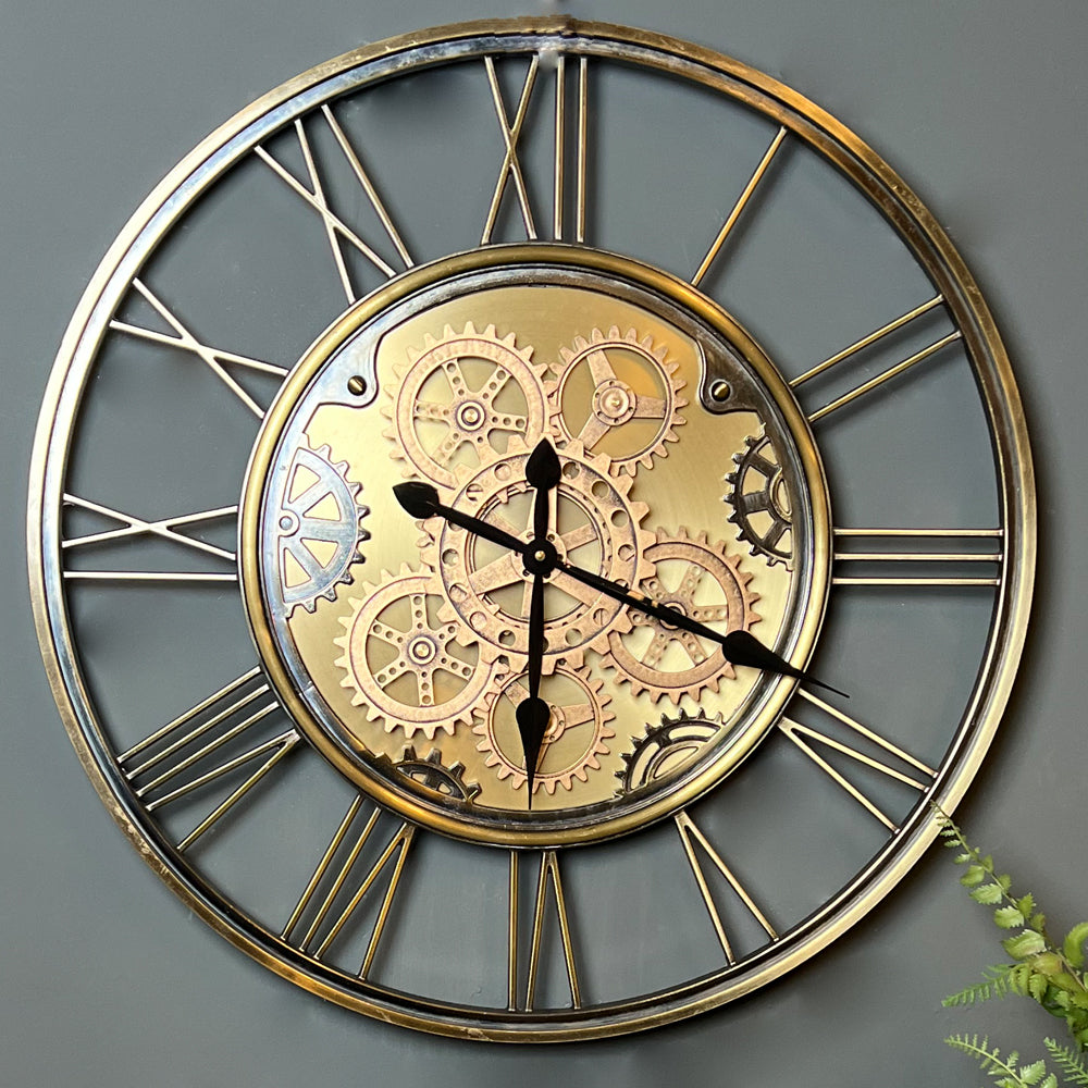 Brass Cog Clock, Openwork Roman Numerals, 62 cm – Qurios